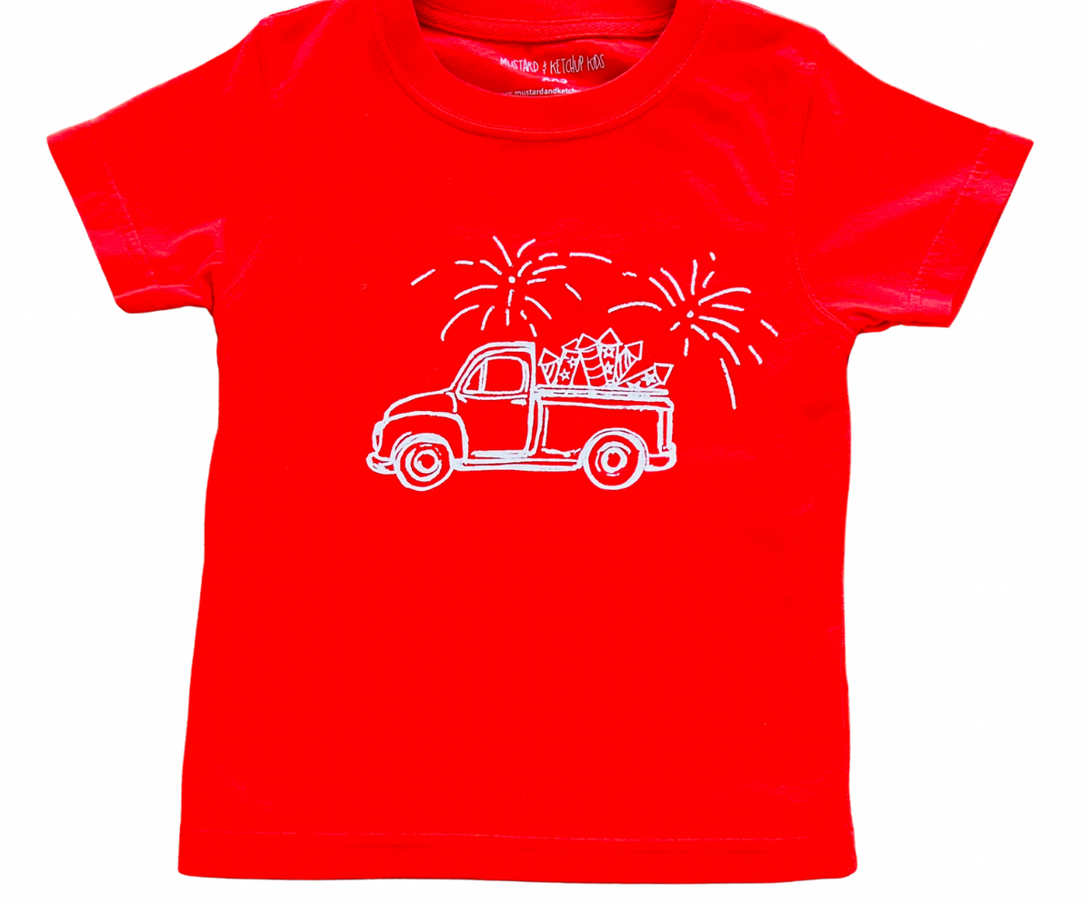 Short-Sleeve Red Truck with Fireworks T-Shirt – Mustard & Ketchup Kids ...